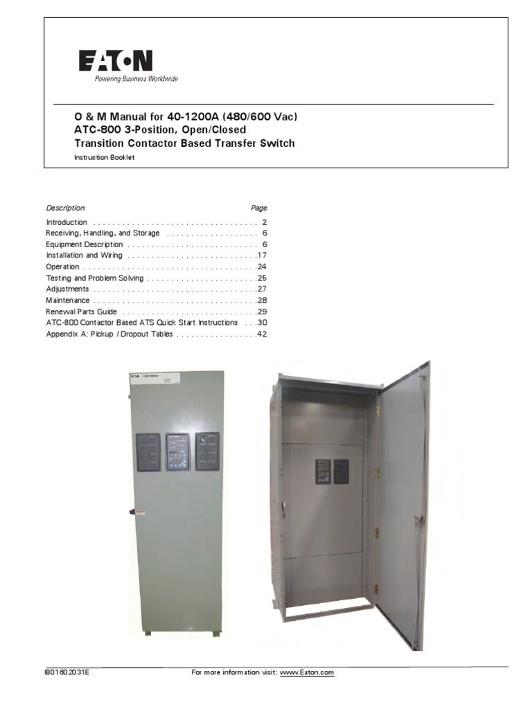 O & M Manual For 40-1200A (480/600 Vac) ATC-800 3-Position, Open/Closed ...