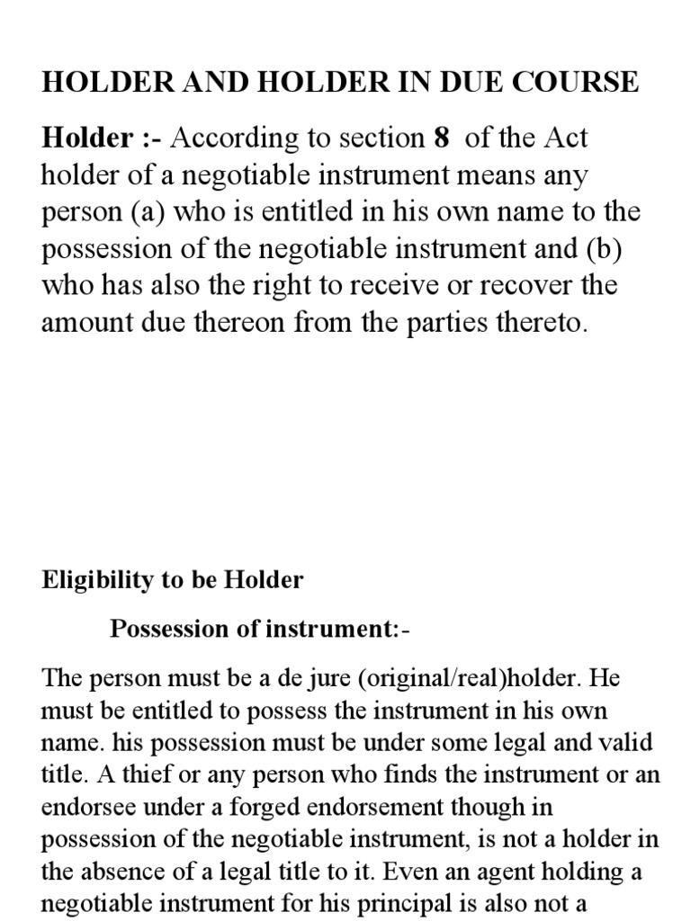 Holder vs. Holder in Due Course Explained | PDF | Negotiable Instrument ...