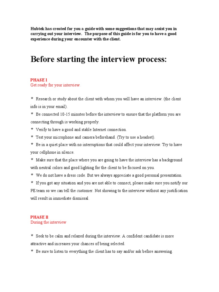 Before Starting The Interview Process:: Phase L | PDF | Interview ...