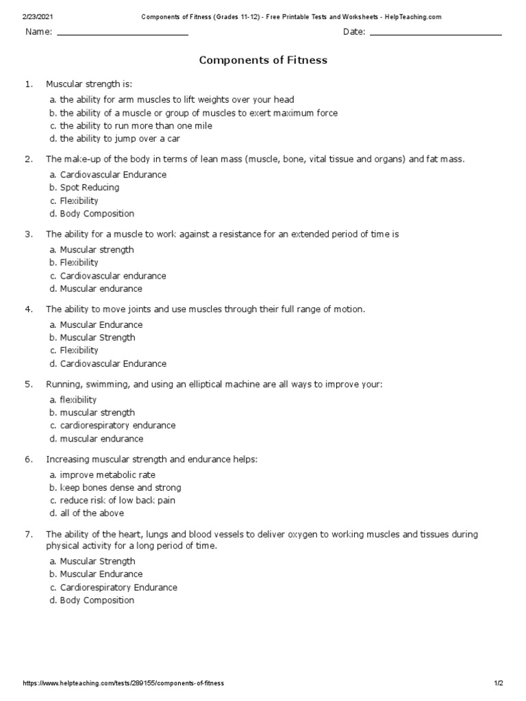 Components of Fitness Grades 11-12 - Free Printable Tests and ...