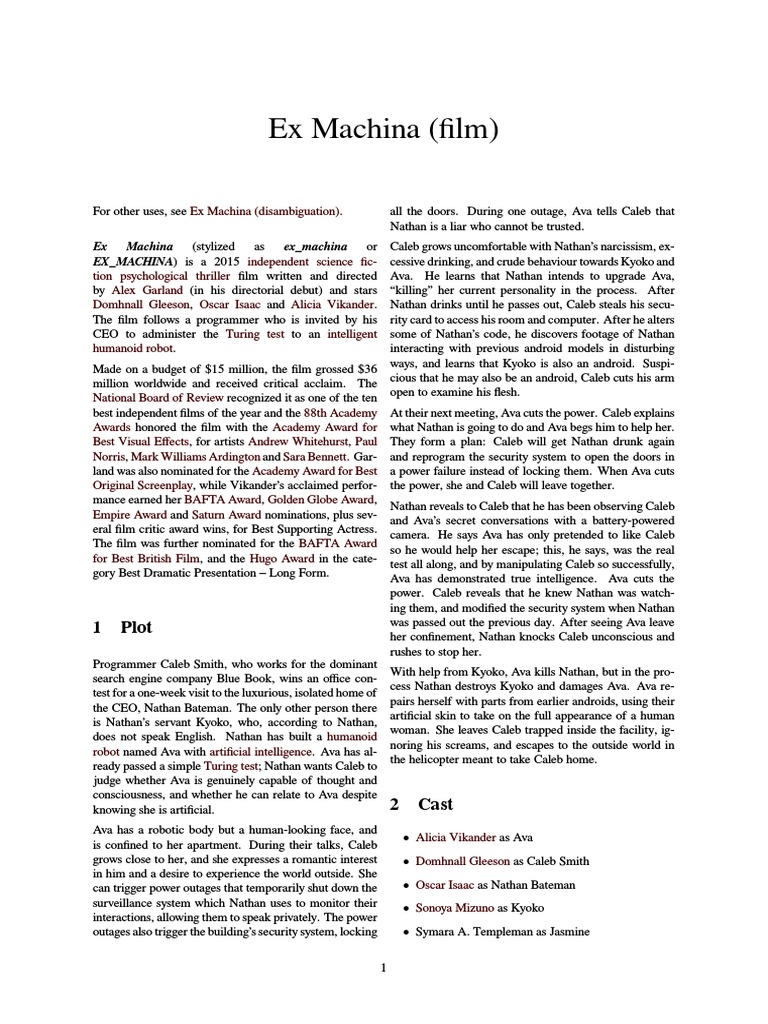 Ex Machina (Film) : 1 Plot | PDF