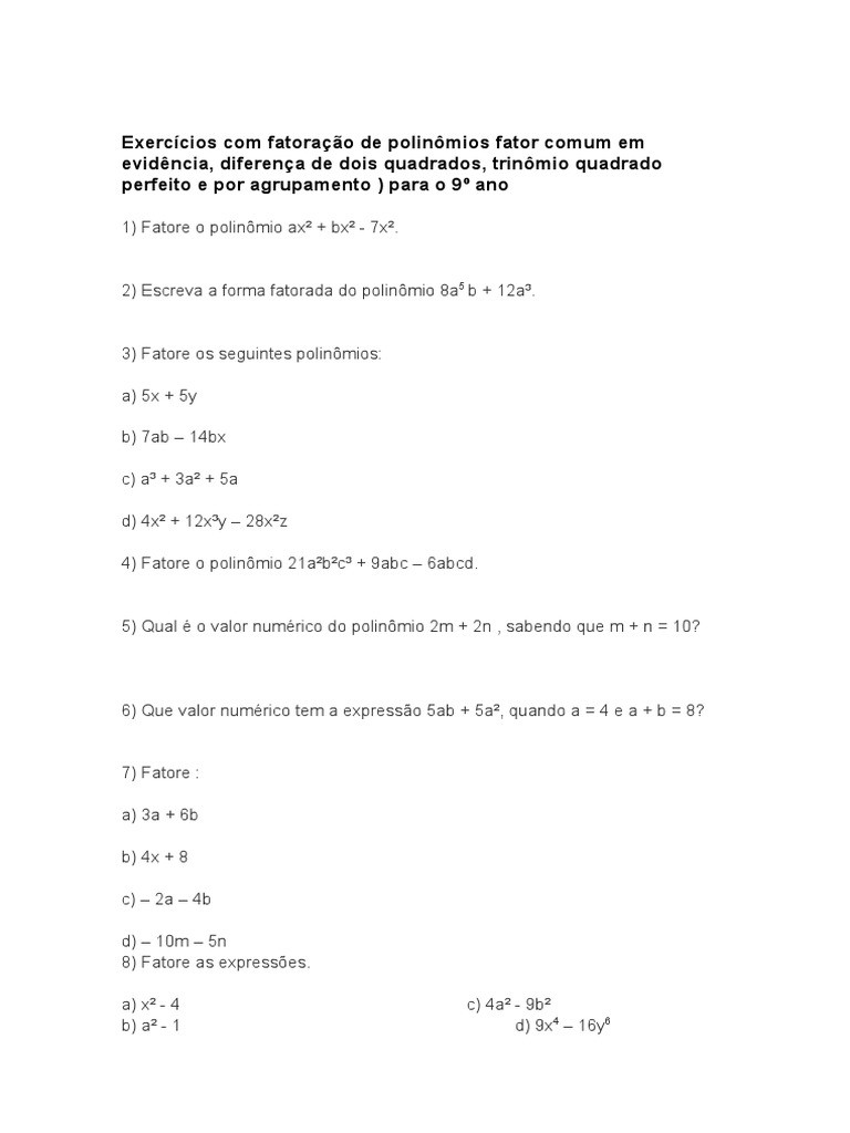Exercícios Com Fatoração de Polinômios Fator Comum em Evidência | PDF Exercícios Com Fatoração de Polinômios Fator Comum em Evidência | PDF
