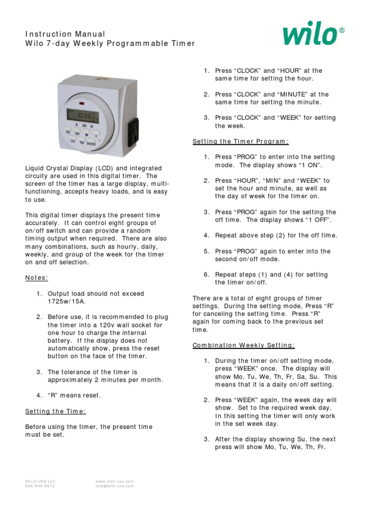 Instruction Manual Wilo 7-Day Weekly Programmable Timer: Setting The ...