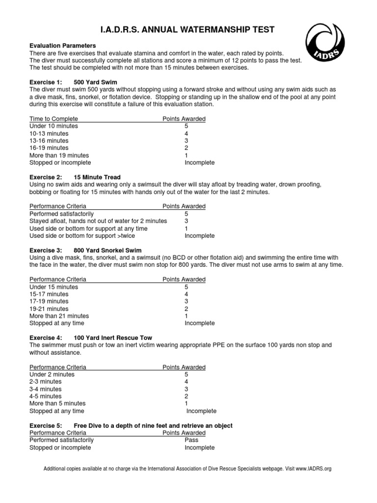 IADRS Annual Watermanship Test Overview | PDF | Underwater Diving ...