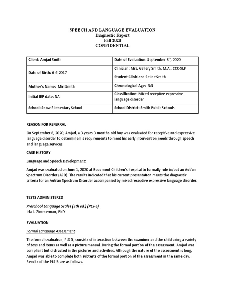 Speech and Language Evaluation Diagnostic Report Fall 2020 Confidential ...