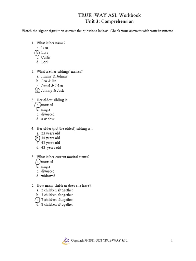 TRUE+WAY ASL Workbook Unit 3: Comprehensi On | PDF