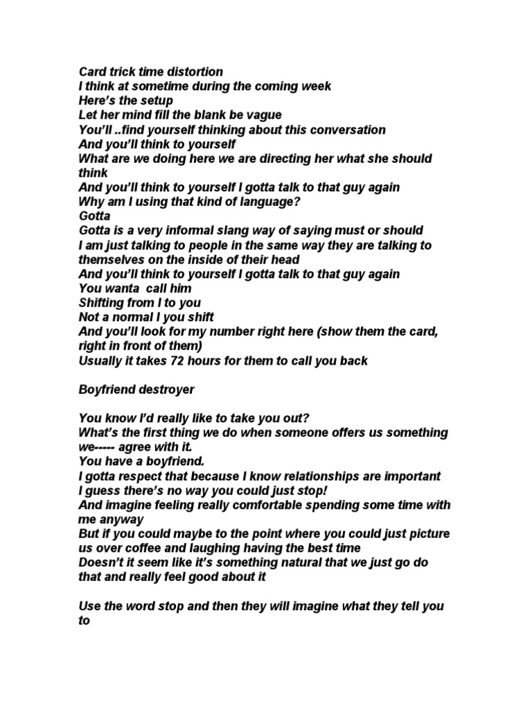 Ross Jeffries Patterns Card Trick Boyfriend Destroyer Etc | PDF | Mind