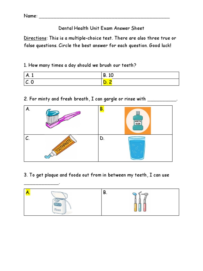 Dental Health Summative Assessment Answer Key