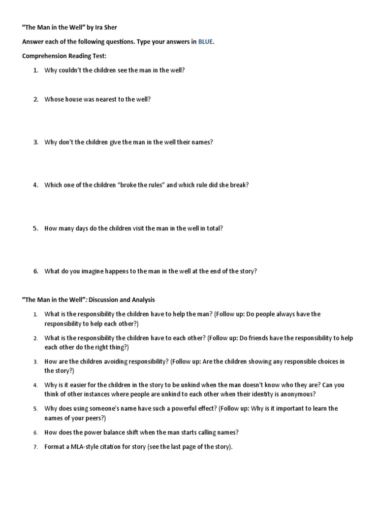 The Man in The Well Discussion Questions | PDF | Wellness