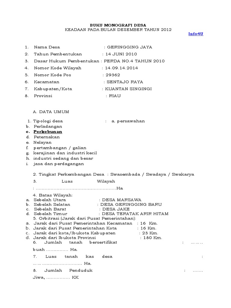 Monografi Desa Geringging Jaya 2012 | PDF