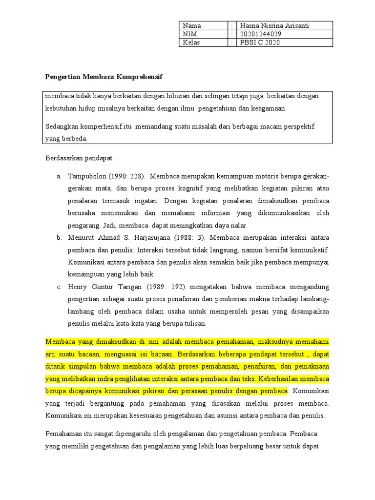 Pengertian Membaca Komprehensif | PDF
