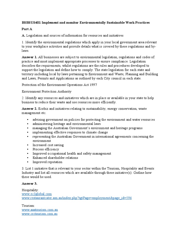 BSBSUS401 Implement and Monitor Environmentally Sustainable Work Practices | PDF ...