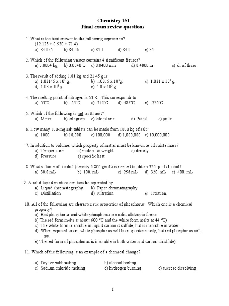Chemistry 151 Final Exam Review Questions | PDF | Chemical Bond ...
