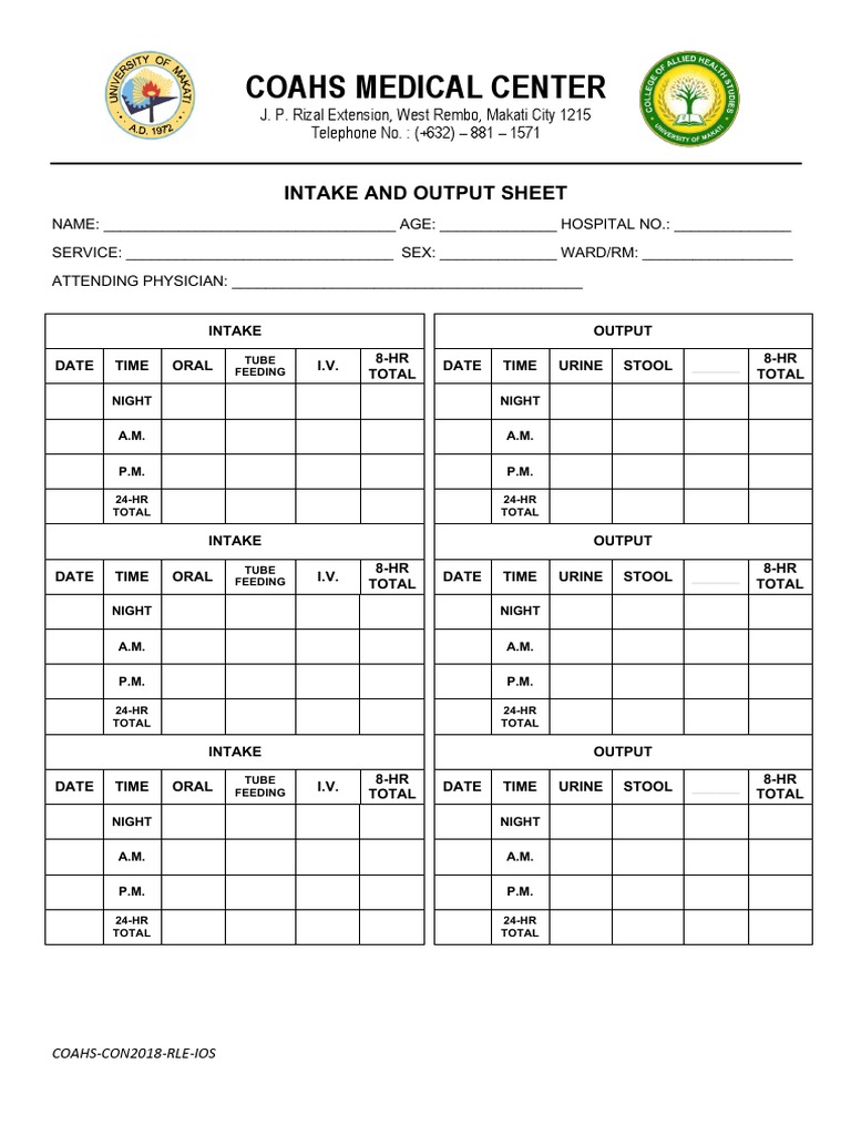 Coahs Medical Center: Intake and Output Sheet | PDF | Clinical Medicine ...