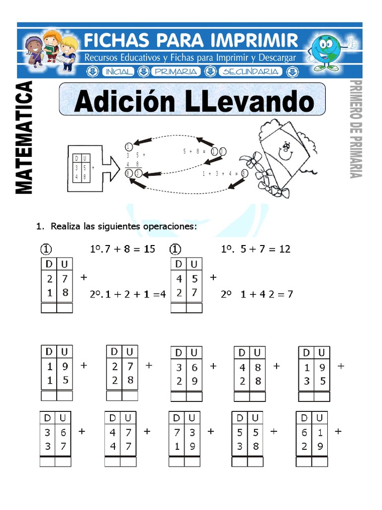 Ficha De Aprendiendo La Adición Llevando Para Primero De Primaria Pdf