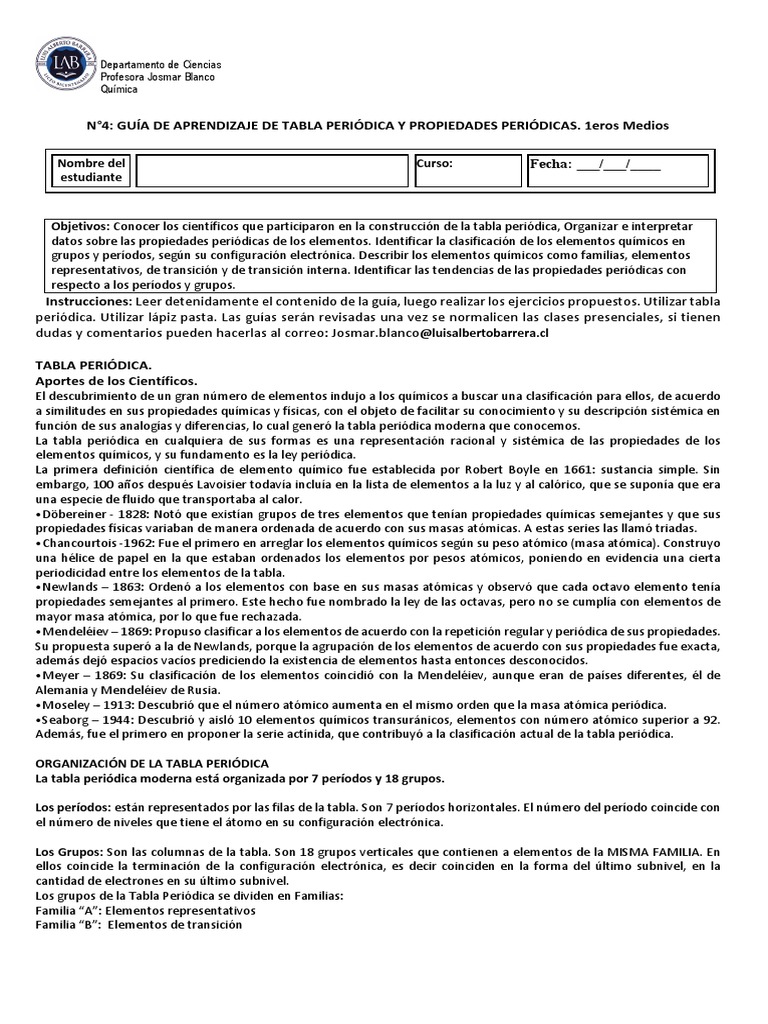 Guía de Aprendizaje: Tabla Periódica | PDF | Tabla periódica | Átomos