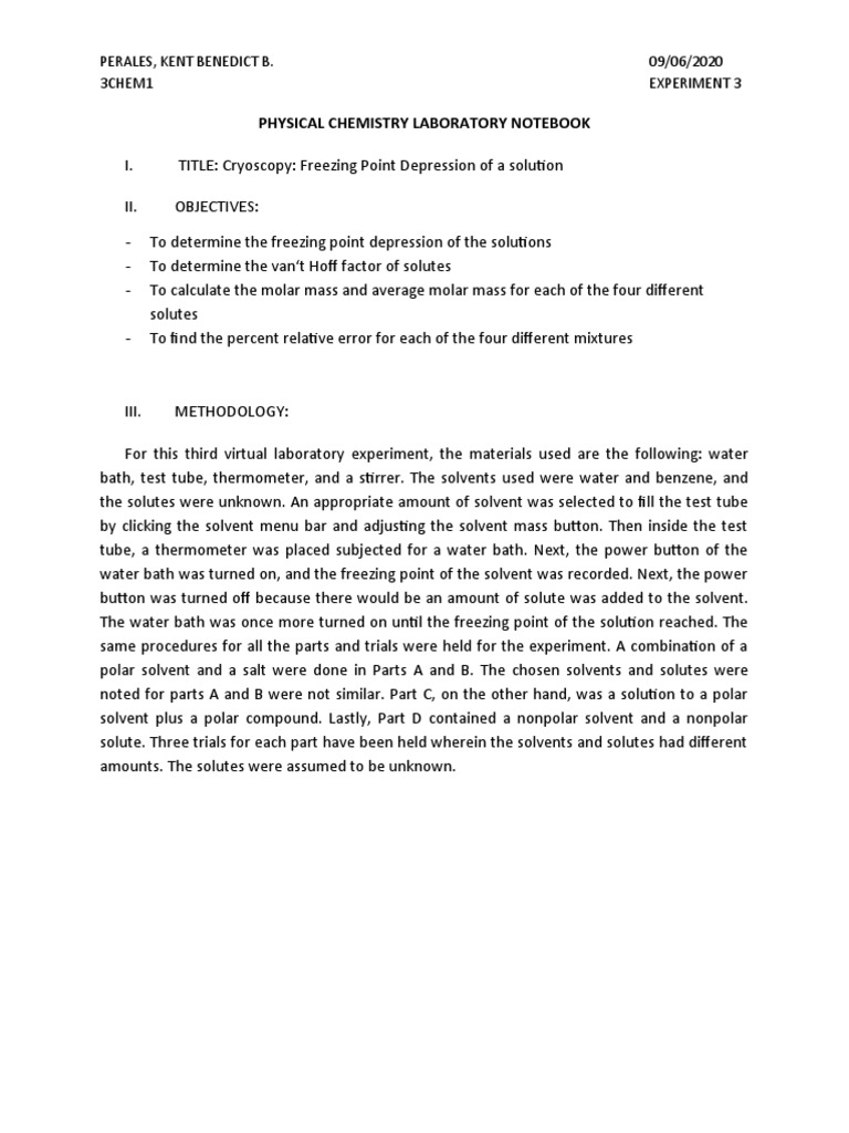 PERALES - Cryoscopy Freezing Point Depression of A Solution | PDF ...