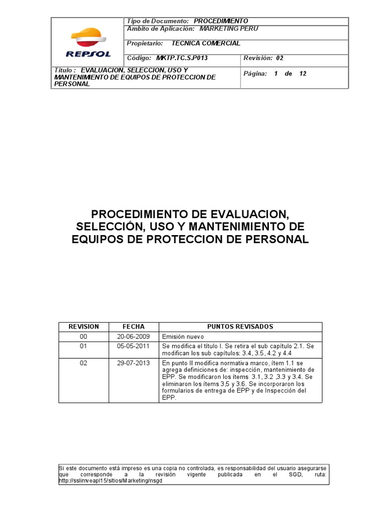 Procedimiento de Evaluación, Selección, Uso y Mantenimiento de EPPs | PDF | Guante | Ropa