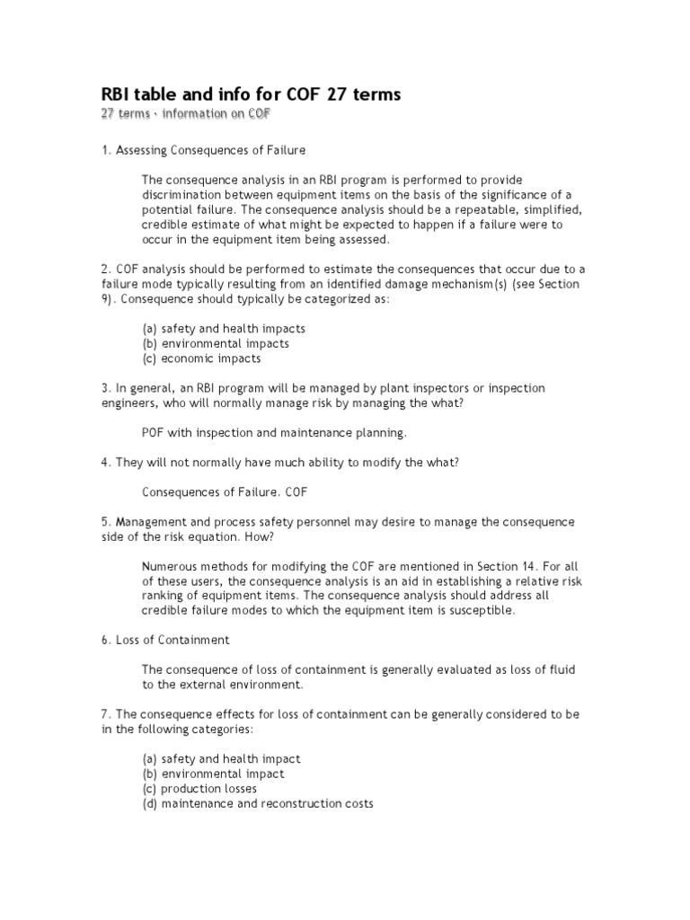 API 580 - RBI Table and Info For COF - 27 Terms | PDF | Risk | Safety