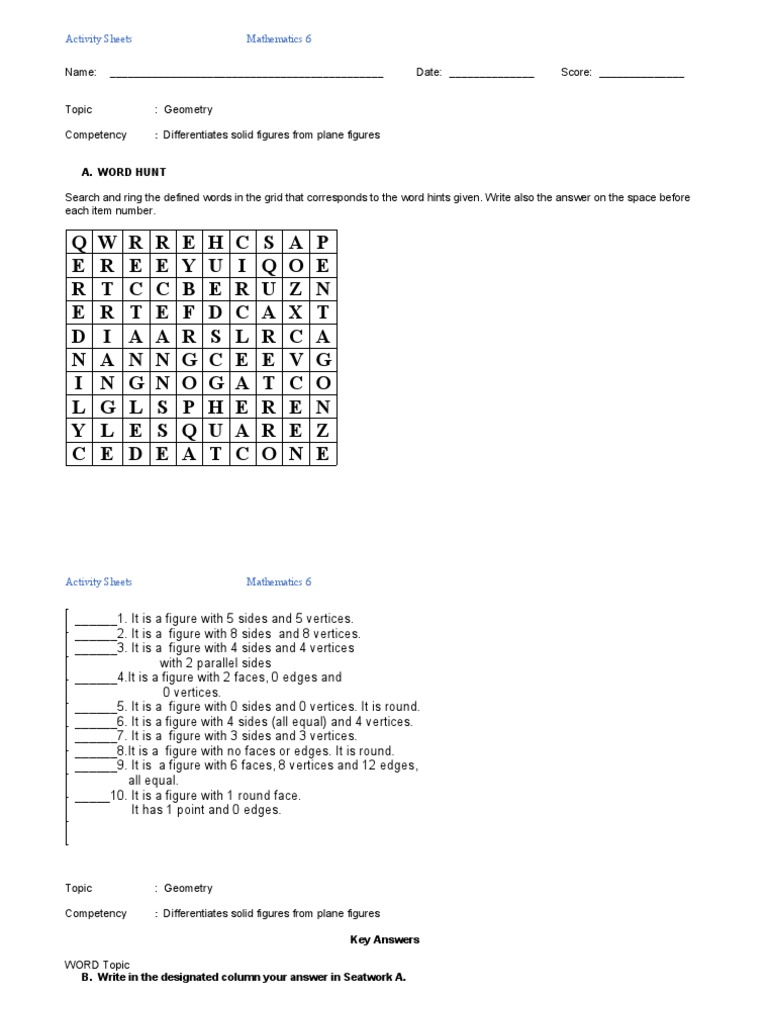 Activity Sheet 1 Differentiate Solid Figures From Plane Figures ...