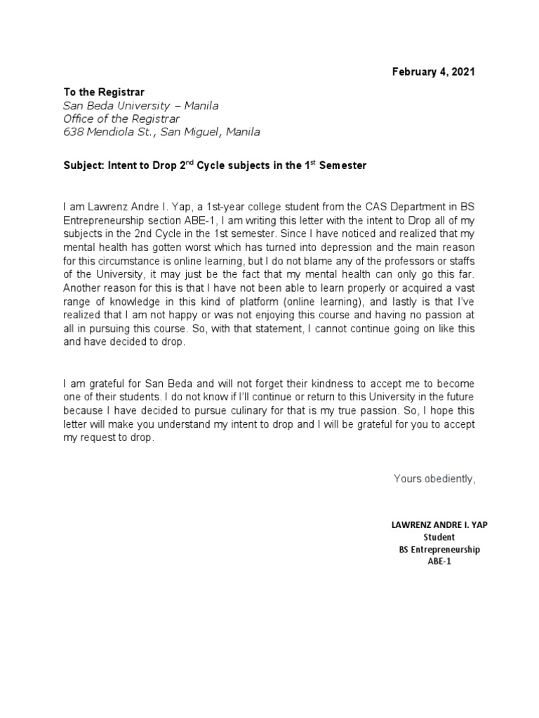 San Beda University - Manila Office of The Registrar 638 Mendiola ST ...