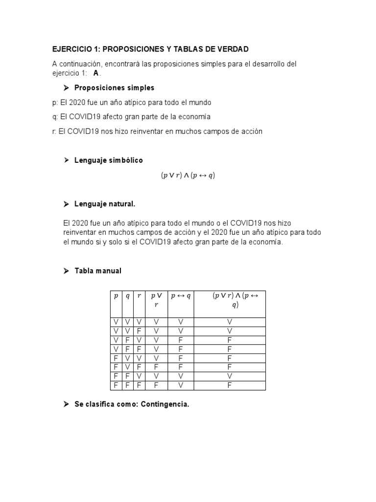 Ejercicio 2 Unidad - PROPOSICIONES Y TABLA DE VERDAD | PDF