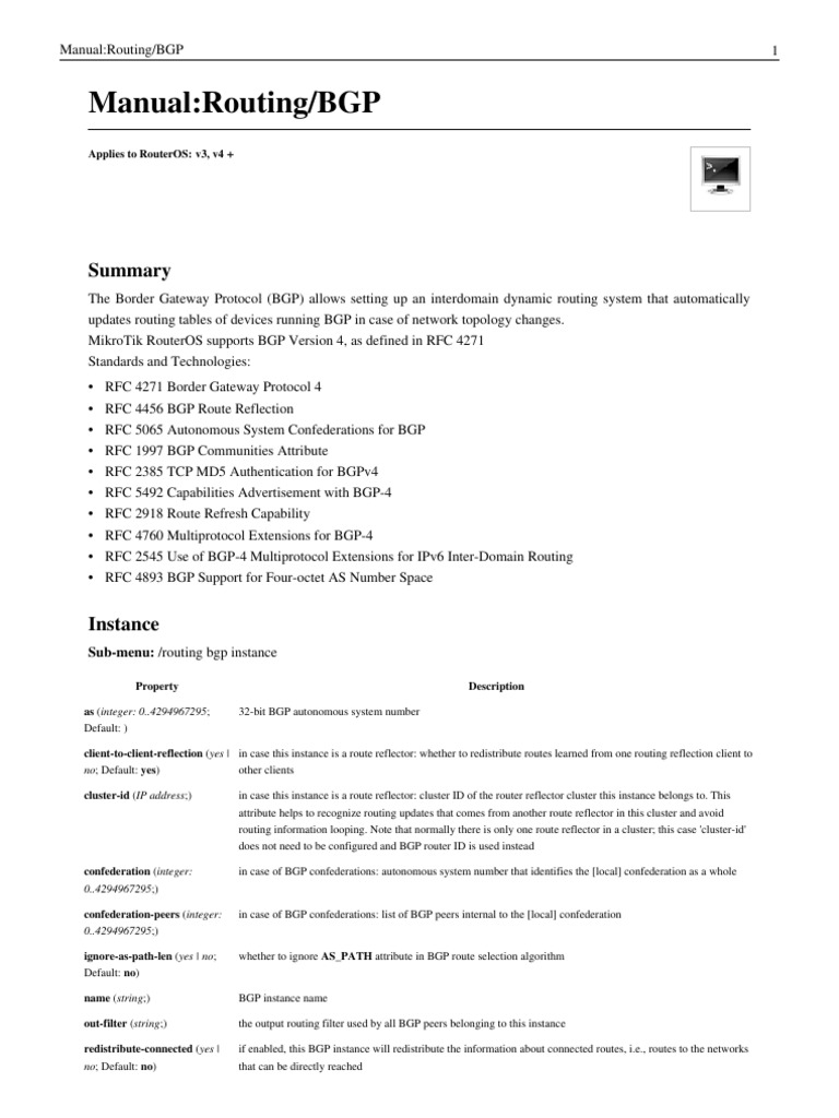 Configuring BGP Instances and Peers in MikroTik RouterOS | PDF | Router (Computing) | Routing