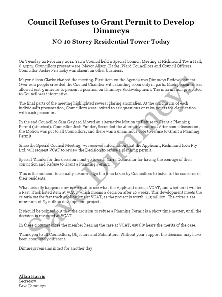 Save Dimmeys. Special Council Meeting. Resolution Passed | PDF | Law