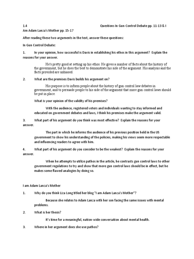 1.4 Questions in Gun-Control Debate & I Am Adam Lanza's Mother Pp. 11 ...
