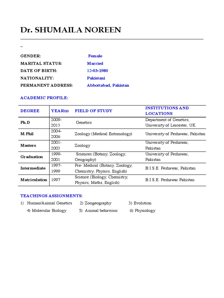 SHUMAILA CV | PDF | Transposable Element | Zoology