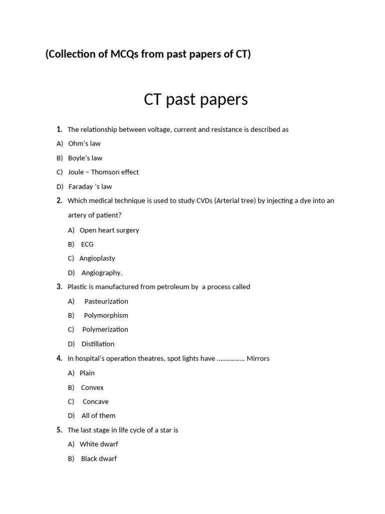 CT Past Papers Mcqs | PDF | Capillary | Adverb