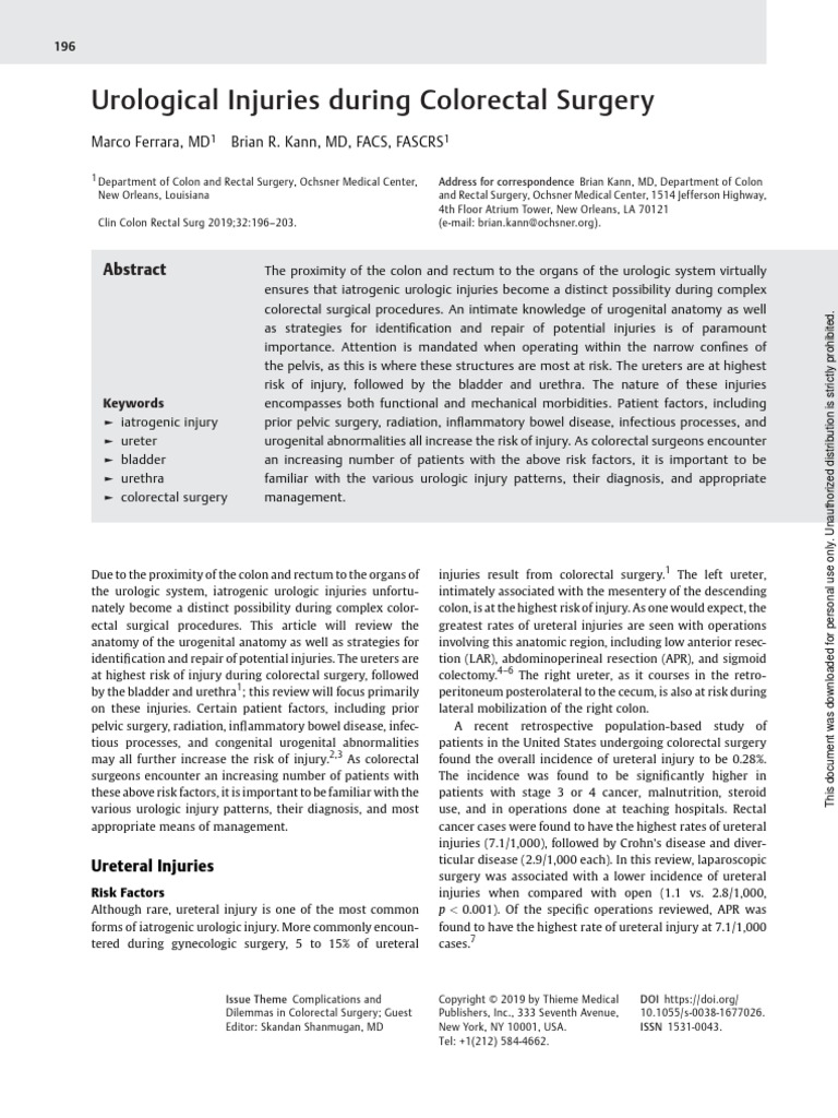 Urological Injuries During Colorectal Surgery | PDF | Colorectal Cancer ...