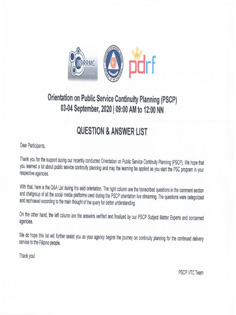 Questions and Answers Re PSCP | PDF