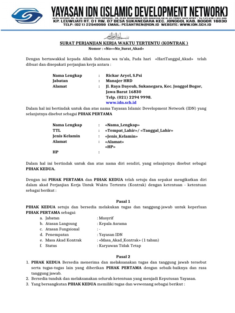 Contoh Surat Perjanjian Akad Kerja Pegawai | PDF