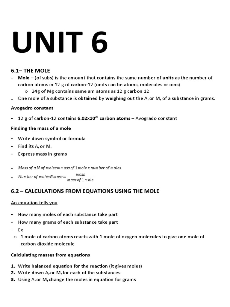 IGCSE Chemistry - UNIT 6 - MOLE | PDF | Mole (Unit) | Formula