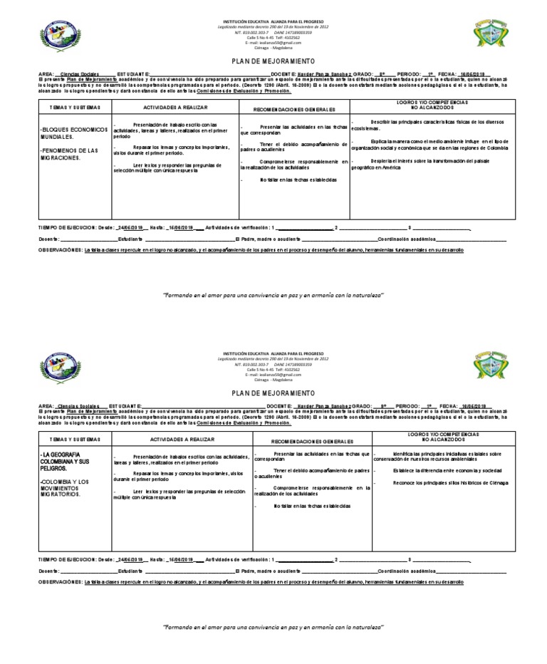 PLAN DE MEJORAMIENTO Primero Hayder | PDF | Science | Ciencia y Tecnología