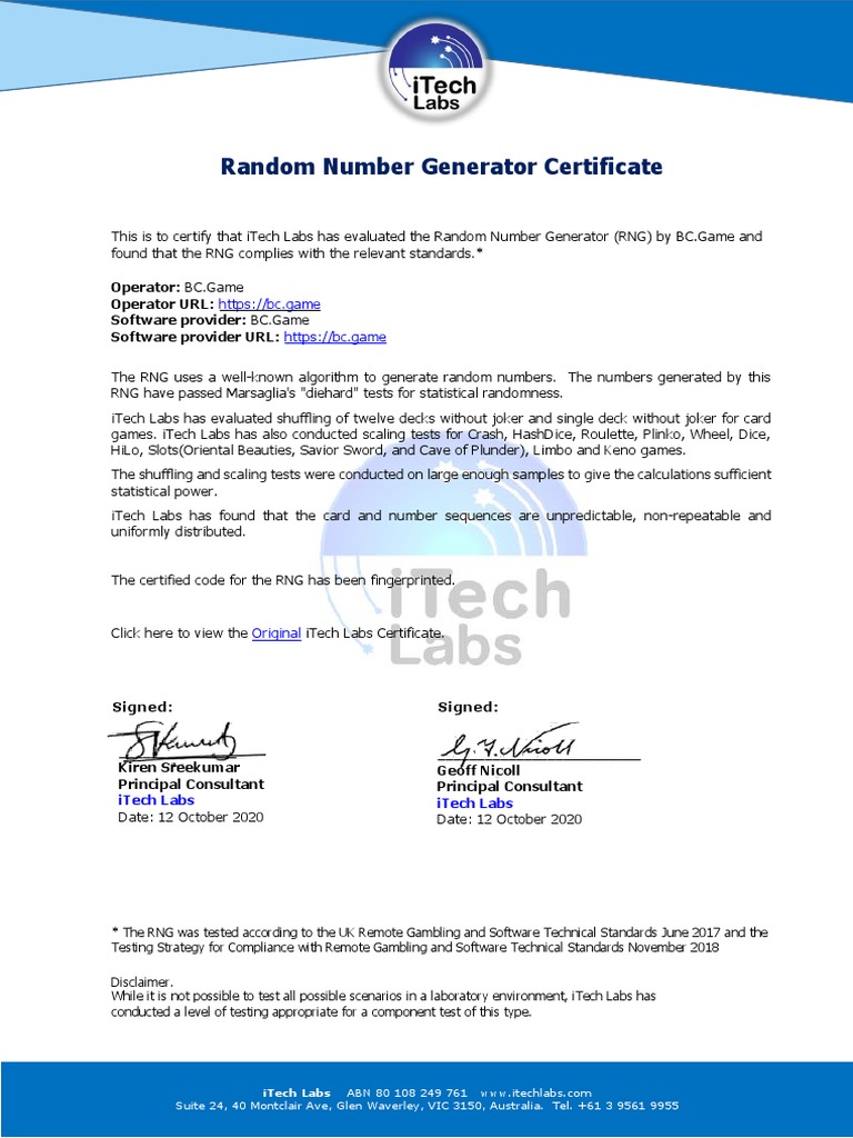 RNG Certificate UK BCGame ITL2002455 12oct20 | PDF