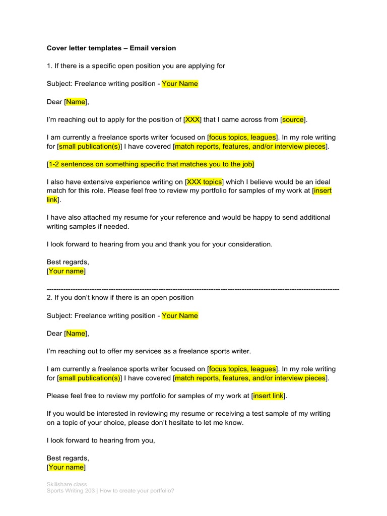Cover Letter Templates - Email Version WR Portfolio | PDF