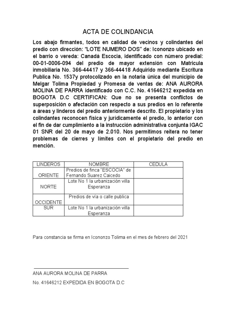 Acta de Colindancia en Icononzo | PDF
