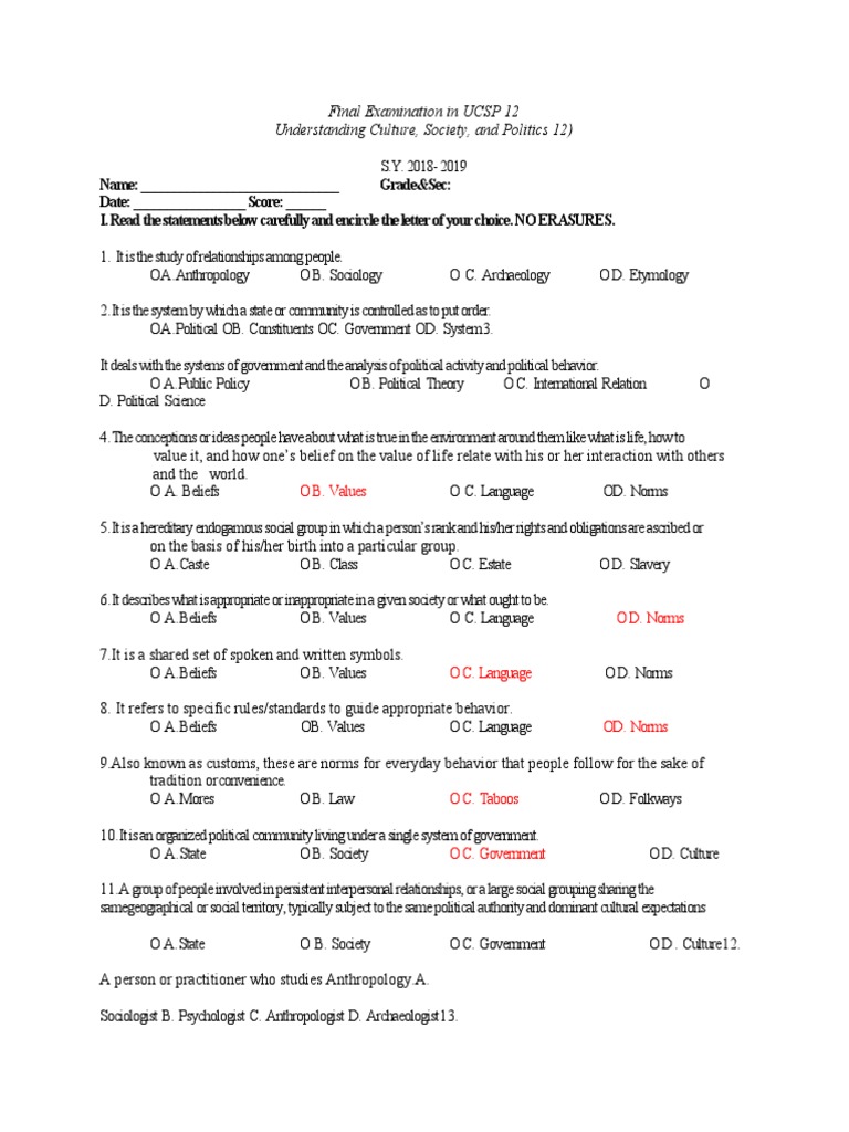 Final Examination in UCSP 12 | PDF | Kinship | Family