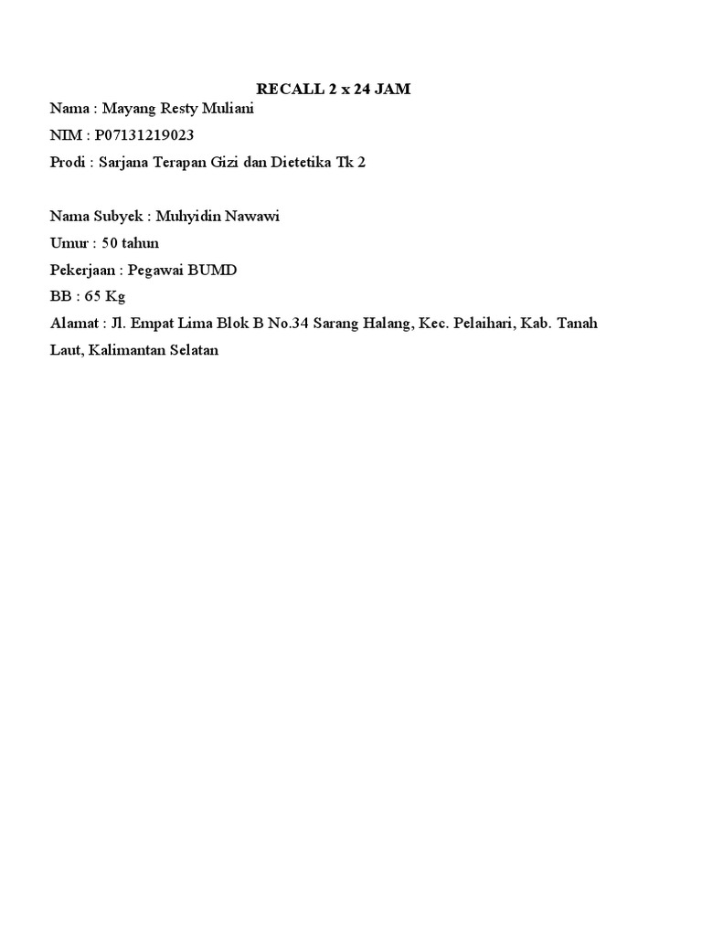 Formulir Food Recall 24 Jam Individu | PDF
