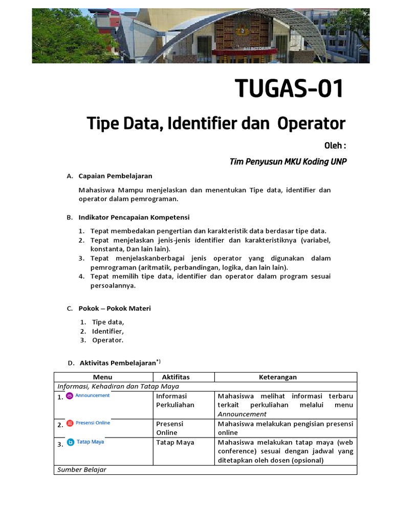 TUGAS 01 - Tipe Data Identifier Operator 00 Tayang | PDF | Seni | Komputer