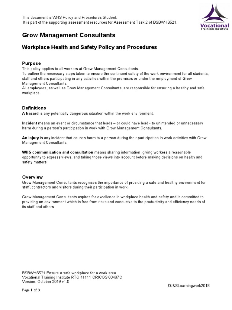 WHS Policy and Procedures Student | PDF | Occupational Safety And ...