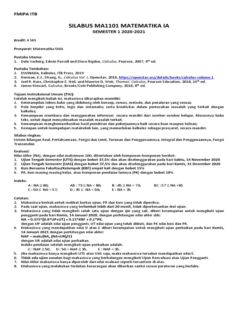 Silabus Kalkulus 1A 2020 - Reguler - Rev2 | PDF
