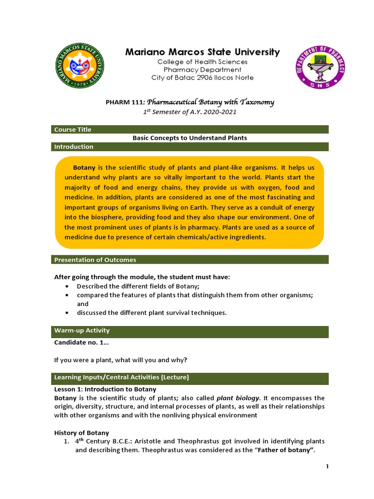 Lesson 1 Botany | PDF | Plants | Botany