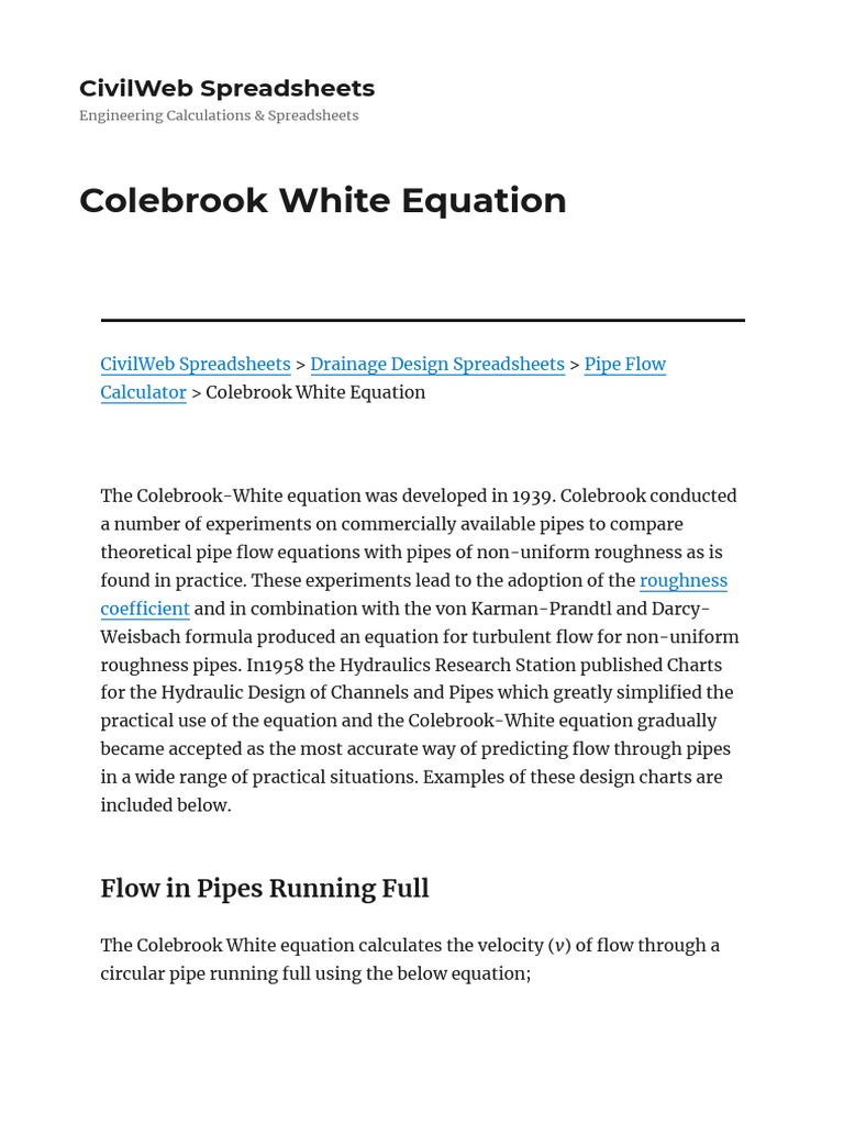 Colebrook-White Equation - CivilWeb Spreadsheets | PDF | Viscosity ...