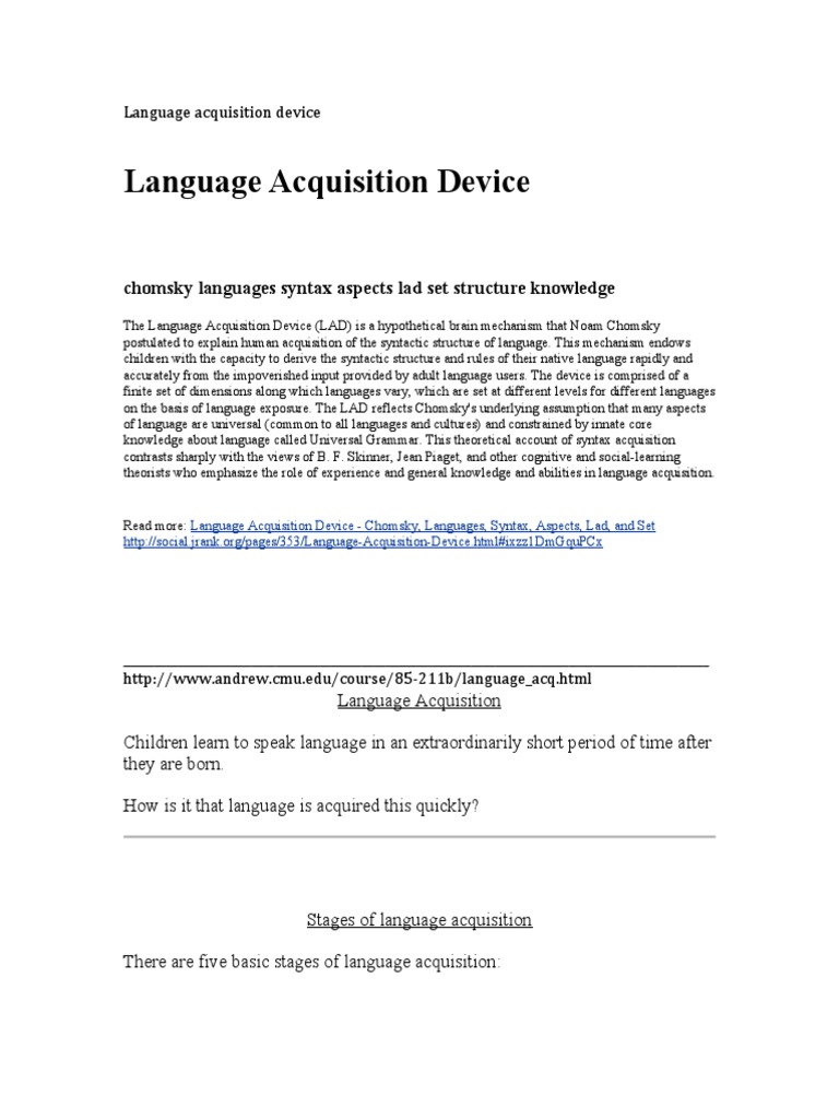 Chomsky's Language Acquisition Device Explained | PDF | Language ...