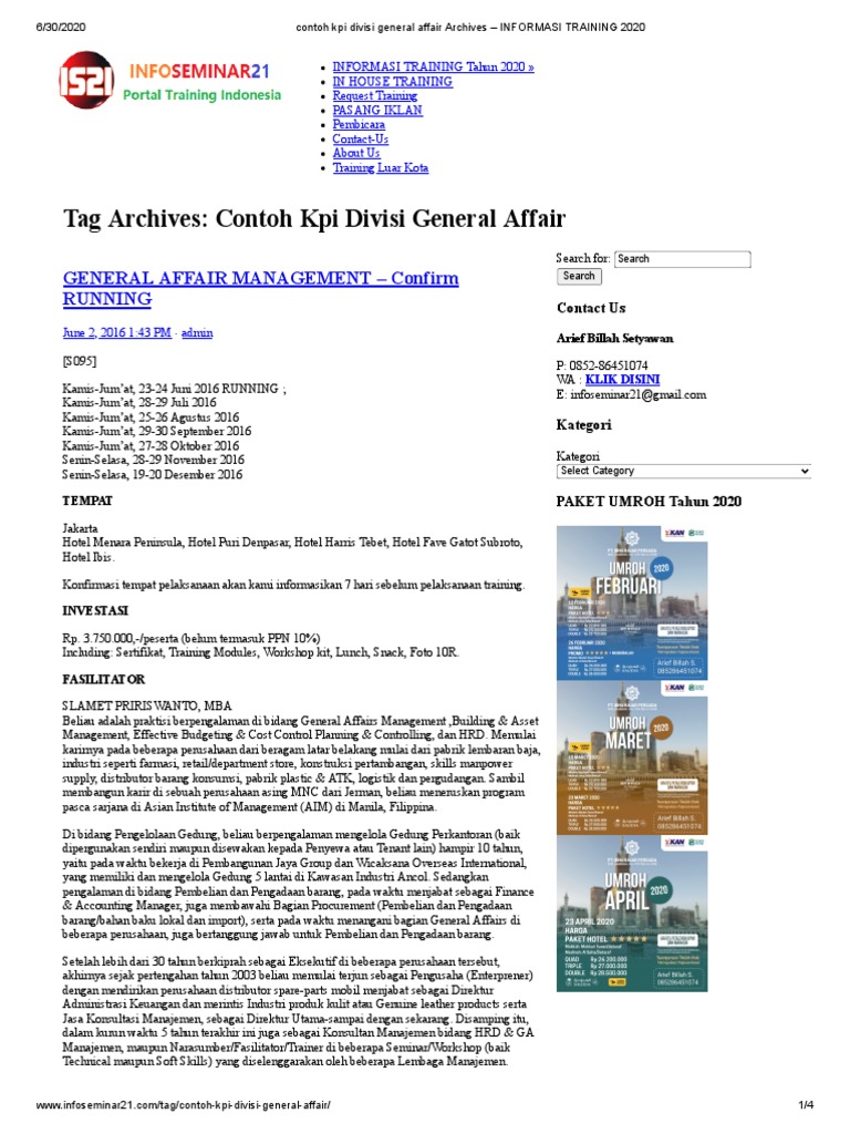 Contoh Kpi Divisi General Affair Archives - INFORMASI TRAINING 2020 | PDF