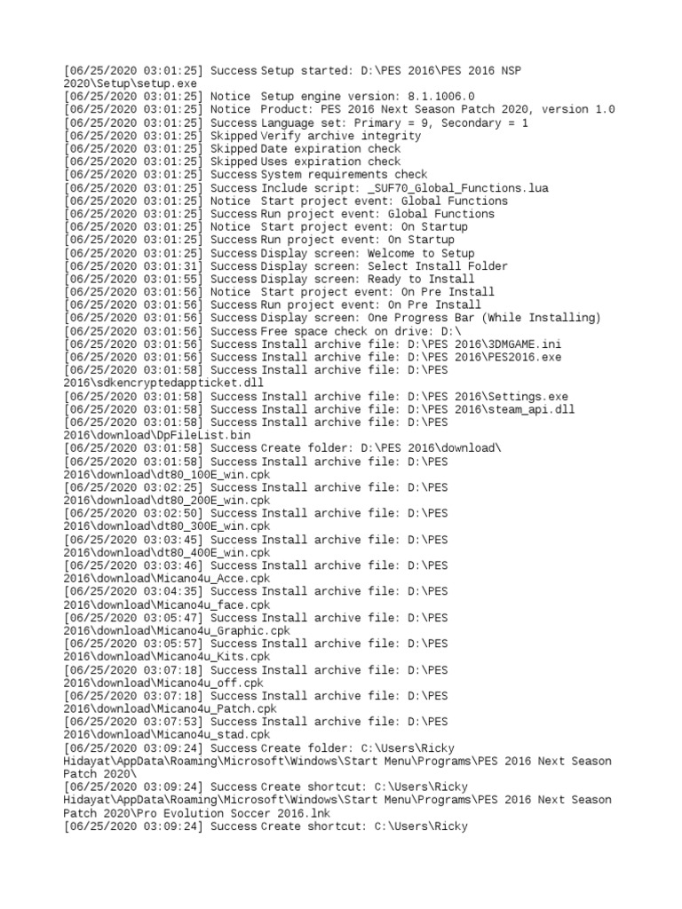 PES 2016 Next Season Patch 2020 Setup Log | PDF | Operating System Families | Computer File