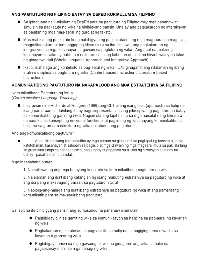Ang Pagtuturo NG Filipino Batay Sa Deped Kurikulum Sa Filipino | PDF